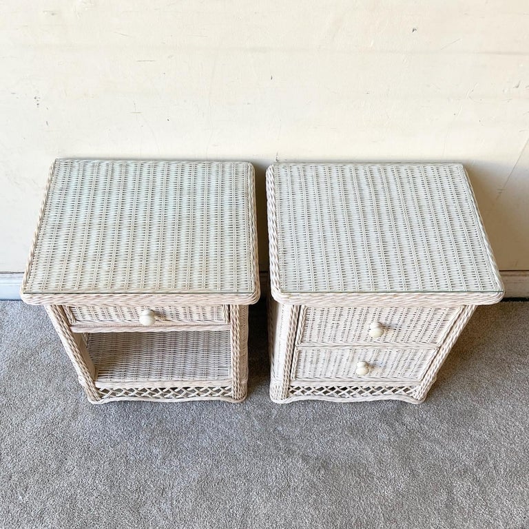Boho Chic White Wicker Glass Top Nightstands, a Pair For Sale at 1stDibs