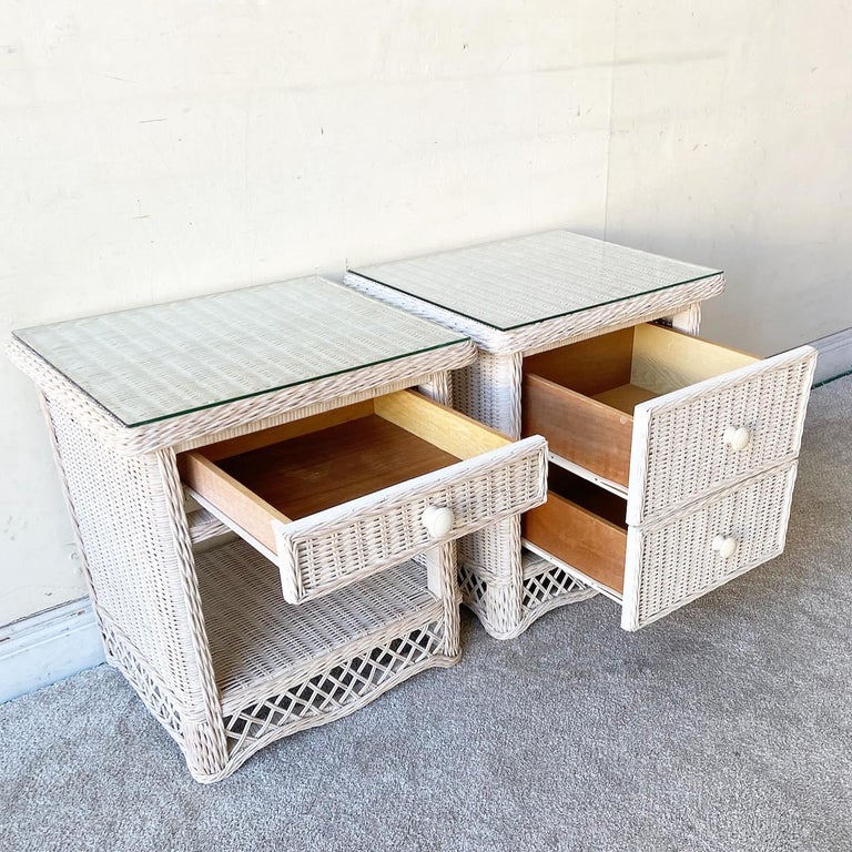 Boho Chic White Wicker Glass Top Nightstands, a Pair For Sale at 1stDibs