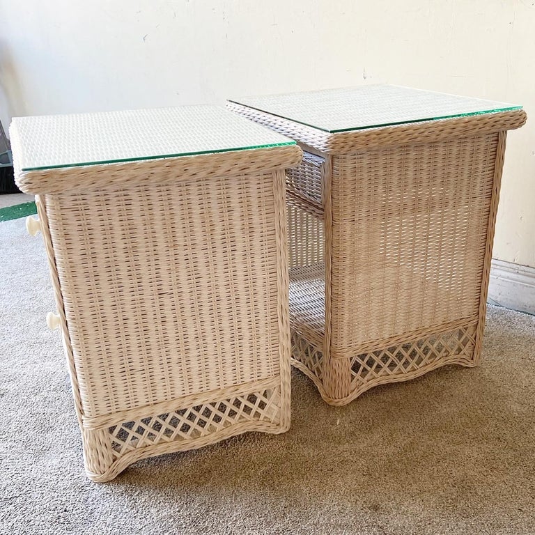 Boho Chic White Wicker Glass Top Nightstands, a Pair For Sale at 1stDibs