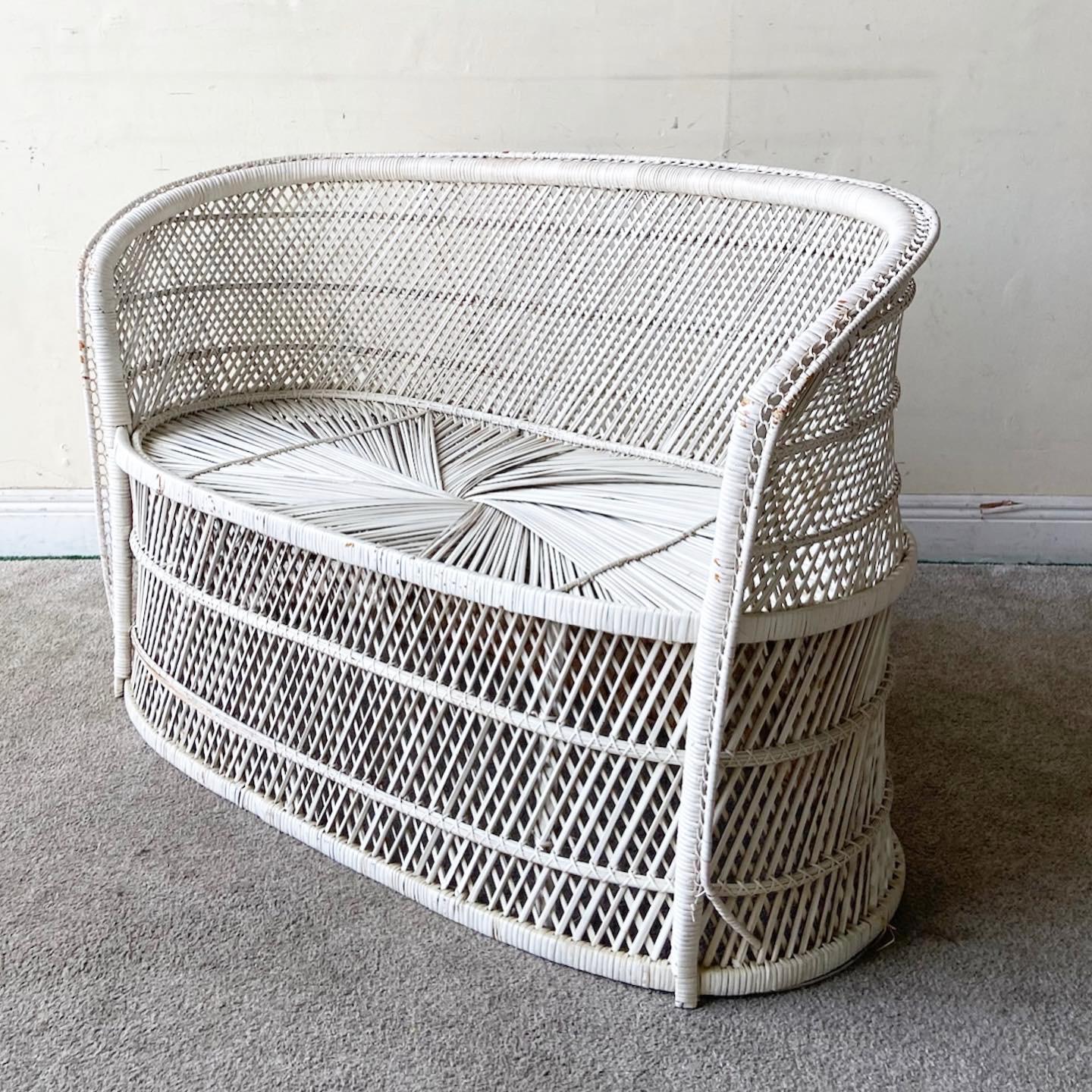 Boho Chic White Wicker and Rattan Bench/Love Seat For Sale at 1stDibs