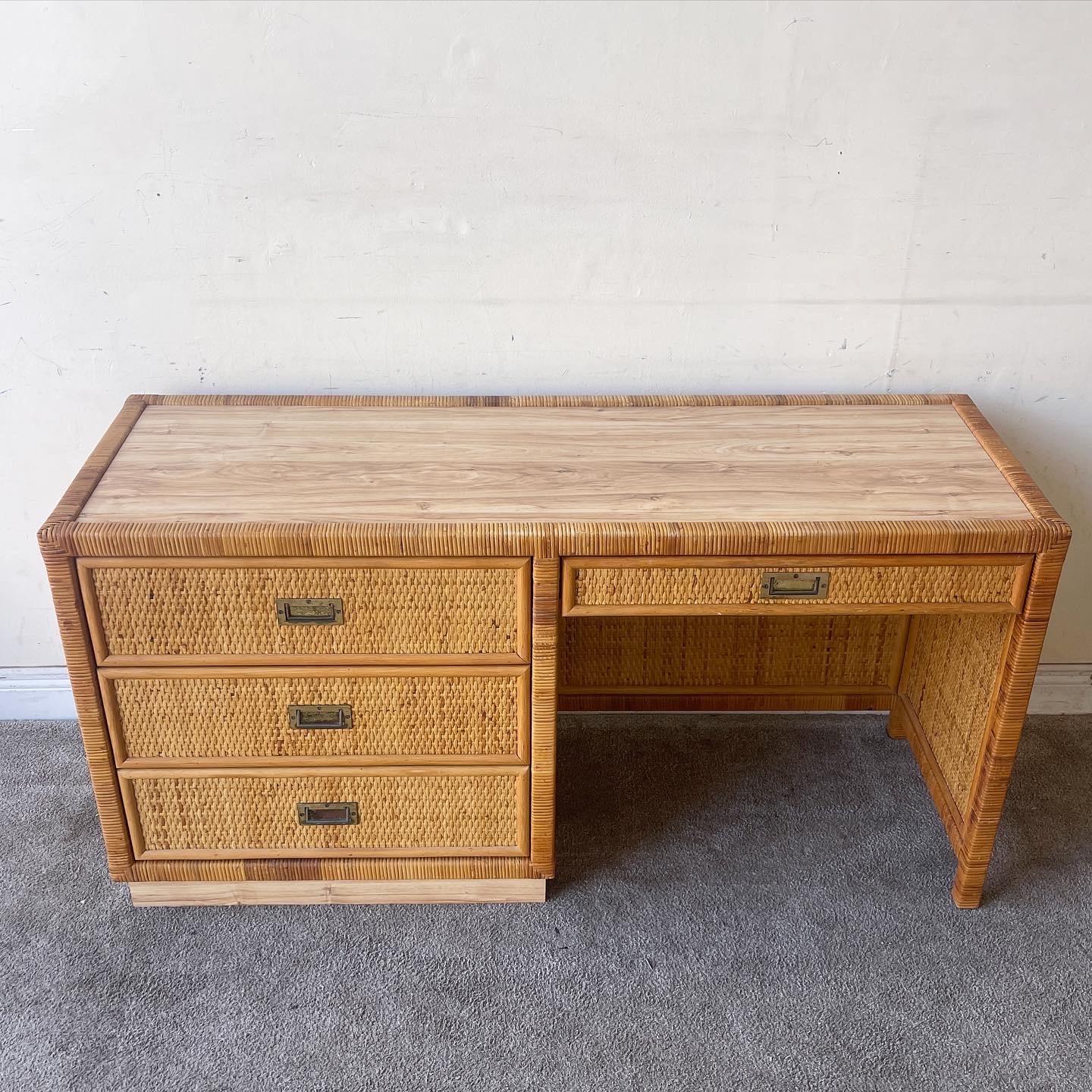 Boho Chic Wicker and Rattan Desk With Woodgrain Laminate For Sale at ...