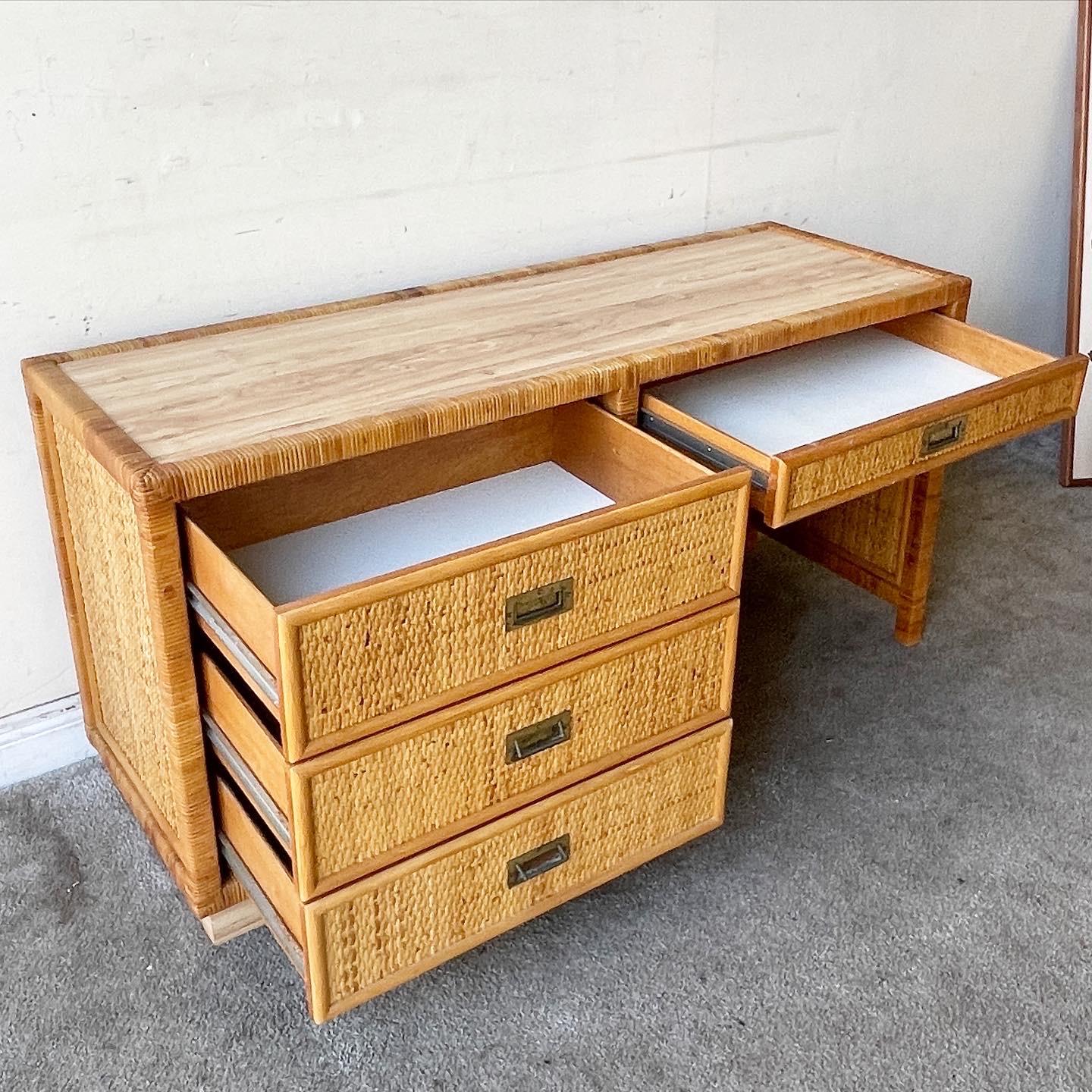 Boho Chic Wicker and Rattan Desk With Woodgrain Laminate For Sale at ...