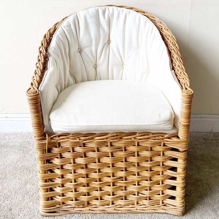 Boho Chic Wicker Barrel Chair with Tufted White Cushions, 1980s For ...