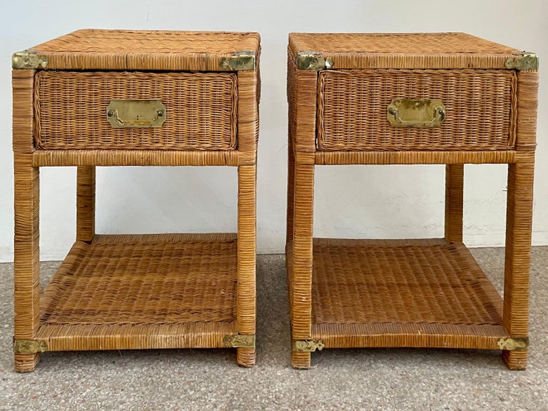 Boho Chic Wicker Rattan Nightstands, a Pair For Sale at 1stDibs