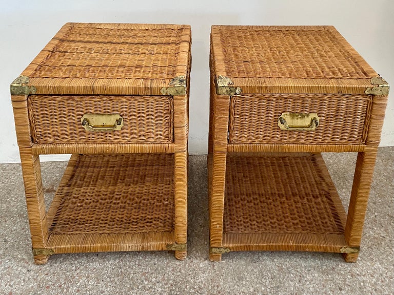 Boho Chic Wicker Rattan Nightstands, a Pair For Sale at 1stDibs