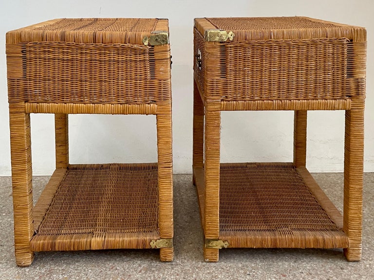 Boho Chic Wicker Rattan Nightstands, a Pair For Sale at 1stDibs
