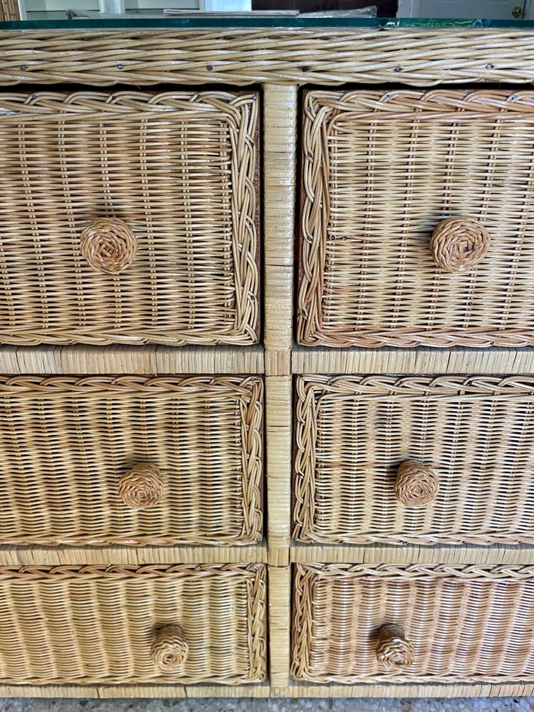 Boho Chic Wicker Six Drawer Dresser For Sale at 1stDibs