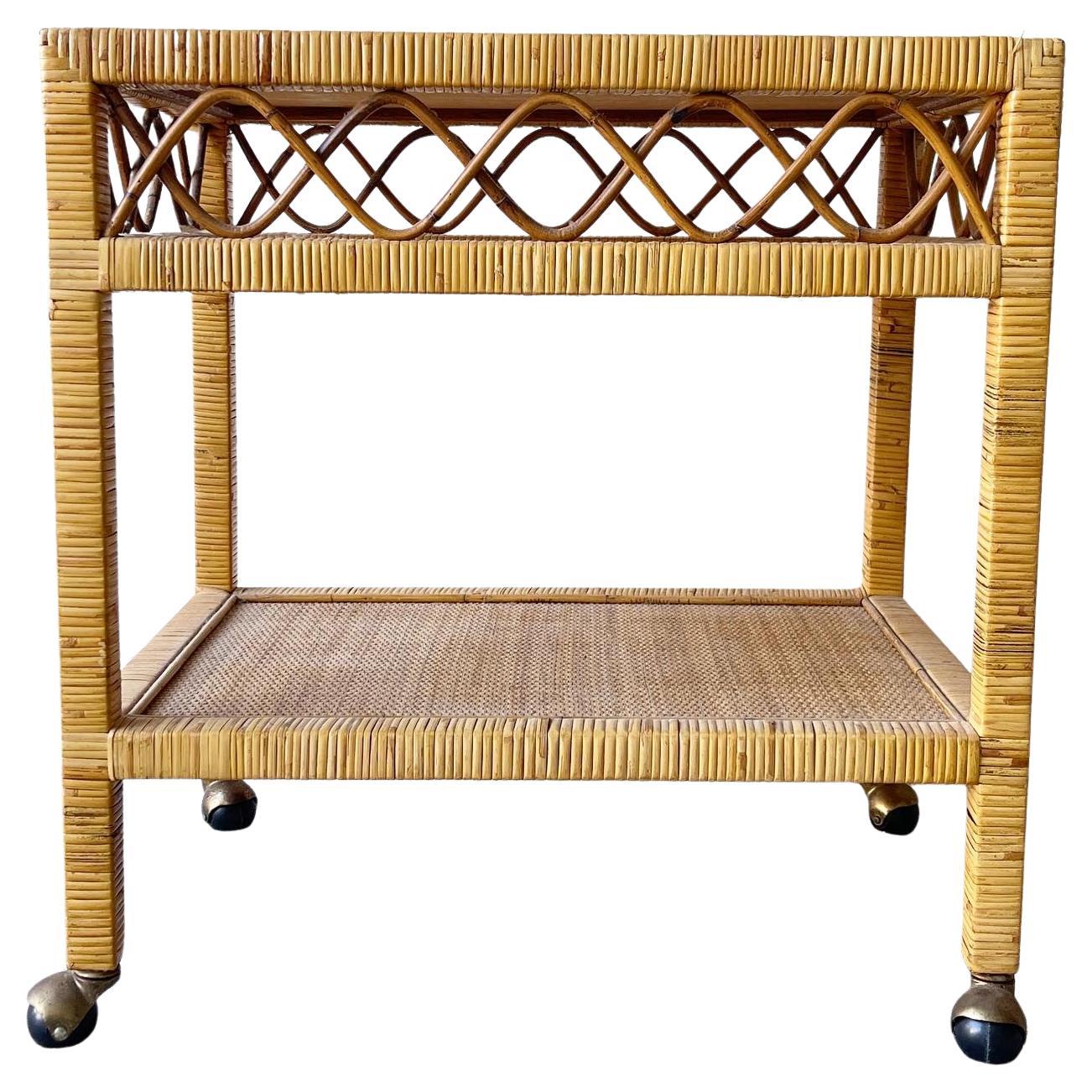 Boho Rattan and Wicker Side Table/Cart For Sale at 1stDibs
