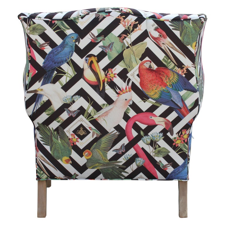 Bold Geometric Modern Tropical Bird Fabric Wingback Chair and a Half at ...