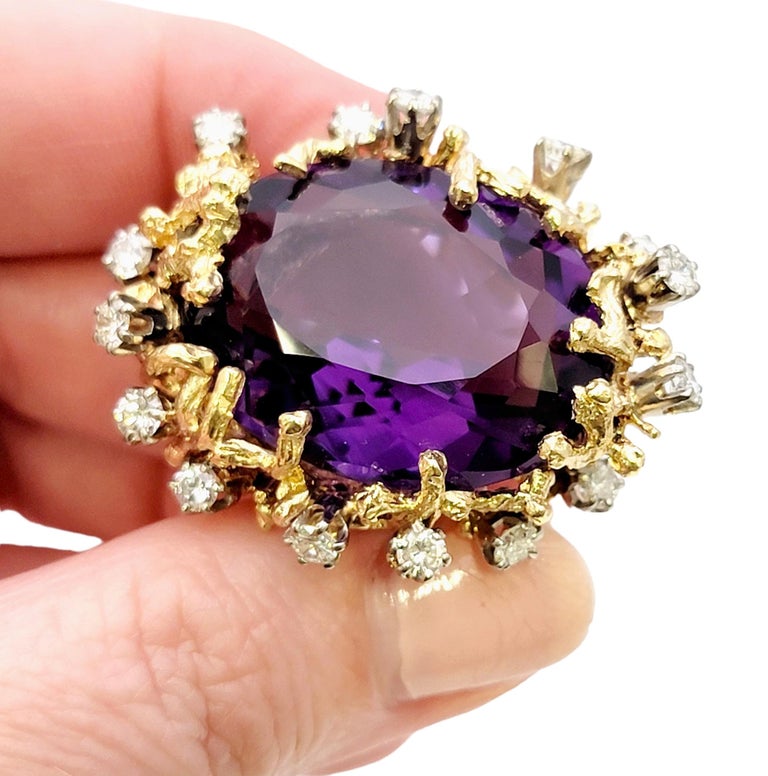 Bold Large Oval Amethyst and Diamond Ring in 14 Karat Gold Coral Motif ...