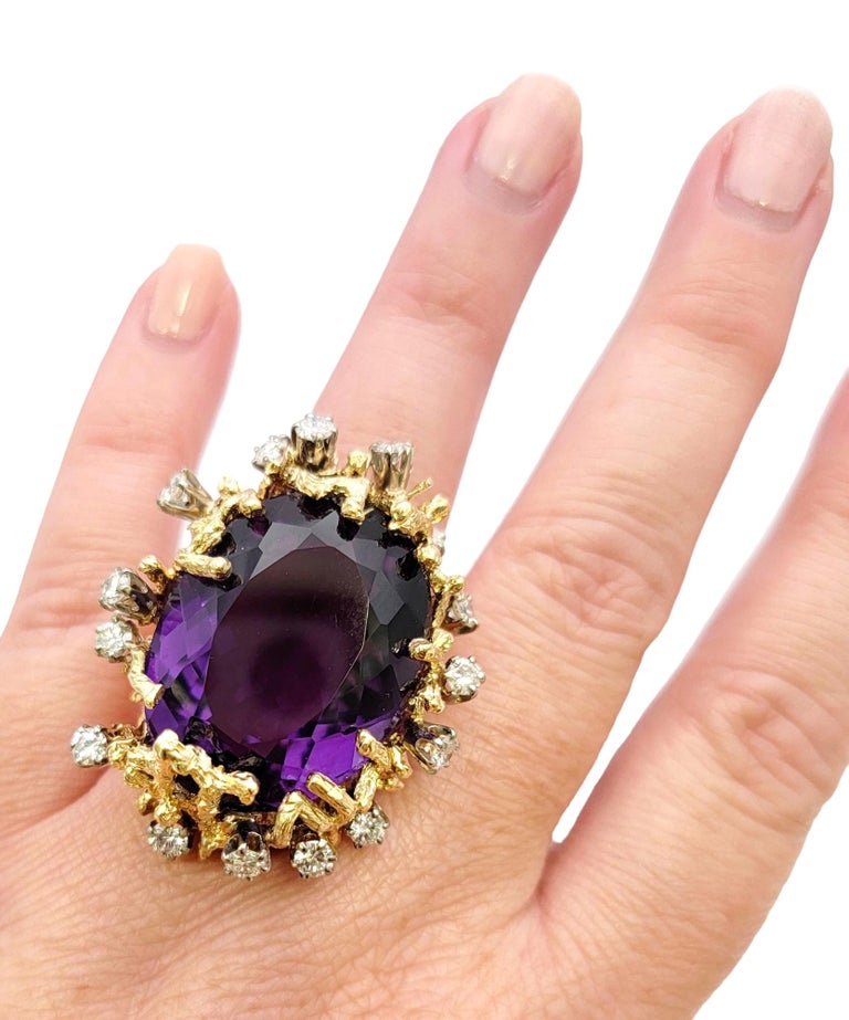 Bold Large Oval Amethyst and Diamond Ring in 14 Karat Gold Coral Motif ...