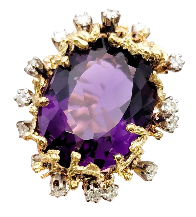 Bold Large Oval Amethyst and Diamond Ring in 14 Karat Gold Coral Motif ...