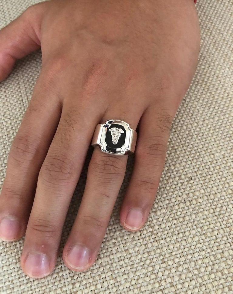 Bold Sterling Caduceus Onyx Ring For Sale at 1stDibs