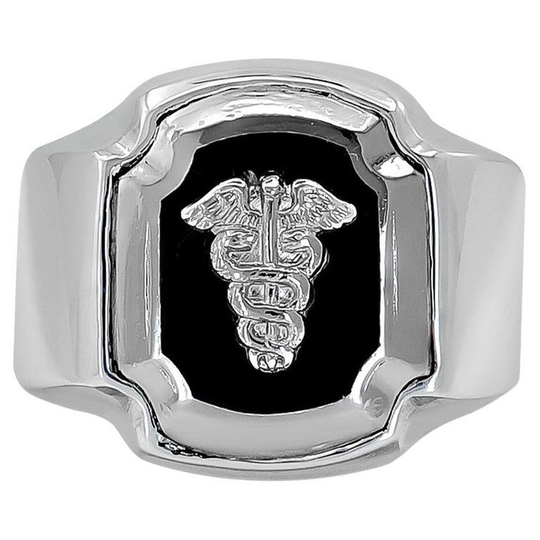 Bold Sterling Caduceus Onyx Ring For Sale at 1stDibs