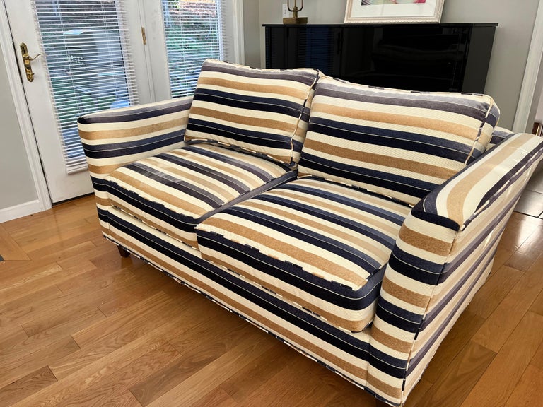 Bold Stripe Sofa in Gold, Blue, Cream Velvet Fabric in the Style of Kravet For Sale at 1stDibs