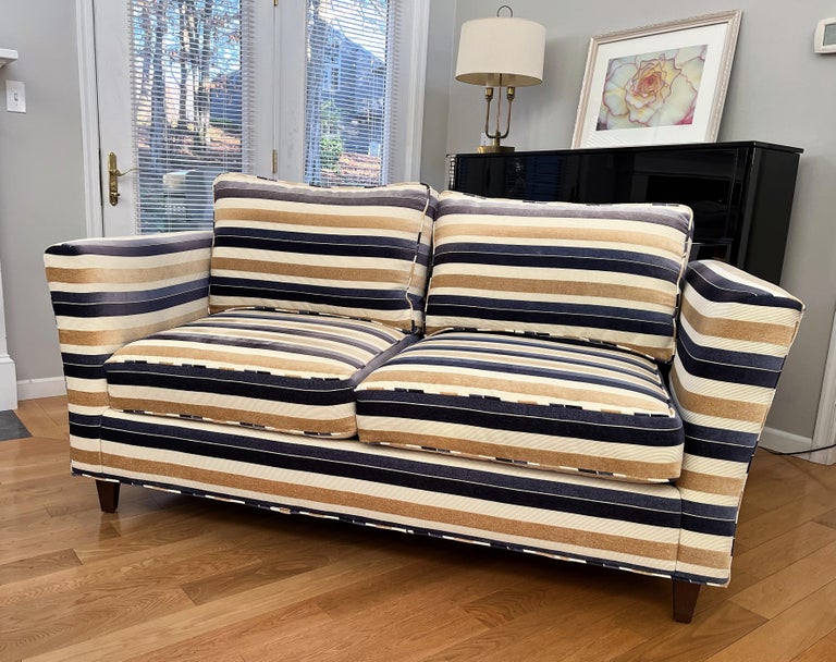 Bold Stripe Sofa in Gold, Blue, Cream Velvet Fabric in the Style of Kravet For Sale at 1stDibs