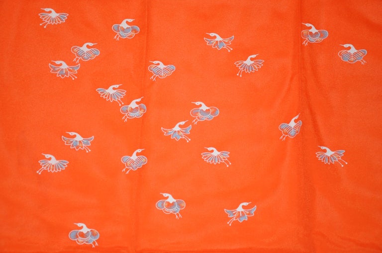 Bold Tangerine with "Bursting Lucky Cranes" Rayon Scarf For Sale at 1stDibs