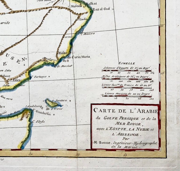 Bonne, Map of Middle East, Persia, Red Sea, Egypt, Nubia Hand Coloured ...