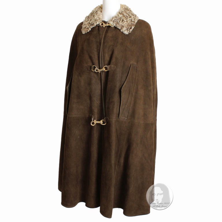 Bonnie Cashin for Sills Cape Brown Suede with Curly Lamb Collar Vintage ...