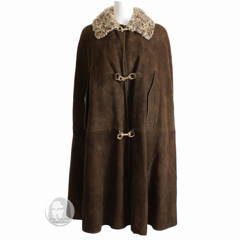 Bonnie Cashin for Sills Cape Brown Suede with Curly Lamb Collar Vintage ...