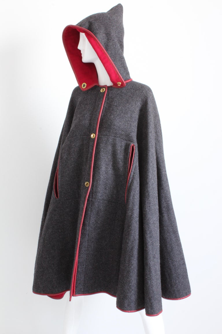 Bonnie Cashin Hooded Cape Charcoal Wool Red Leather Trim Rare Vintage ...