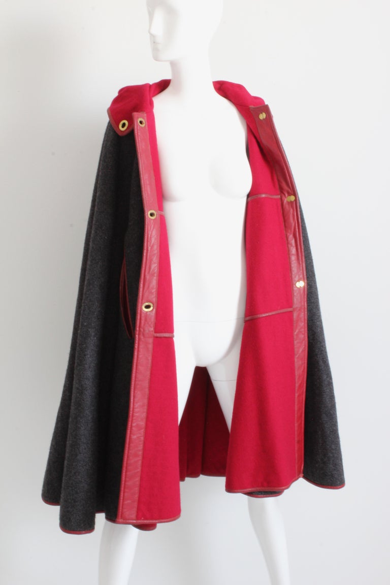 Bonnie Cashin Hooded Cape Charcoal Wool Red Leather Trim Rare Vintage ...