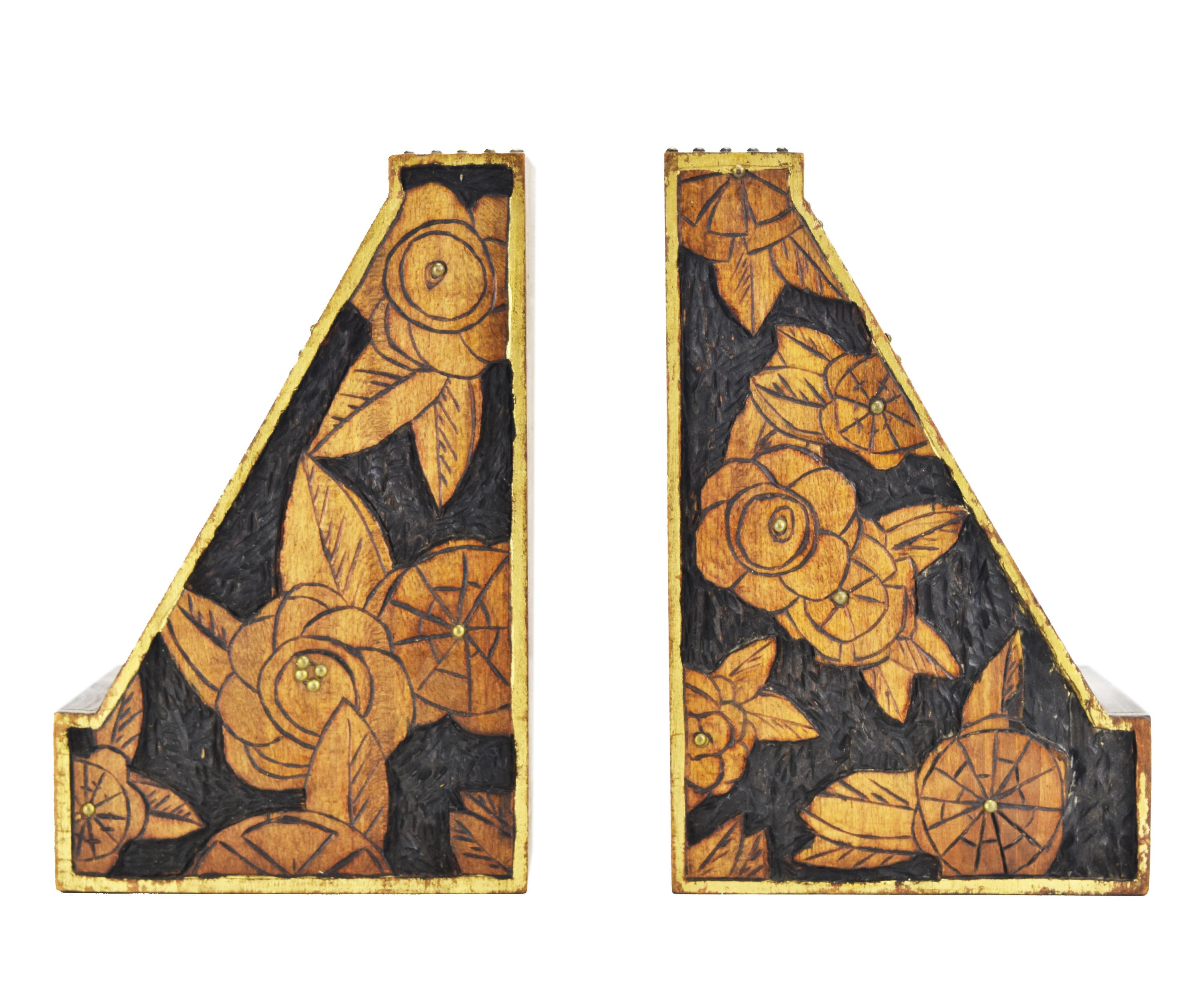 Bookends French Art Deco Carved Wood Floral Blossoms Antique Vintage at ...