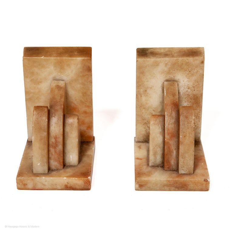 Bookends Pair Marble Art Deco Architectural Ochre For Sale at 1stDibs