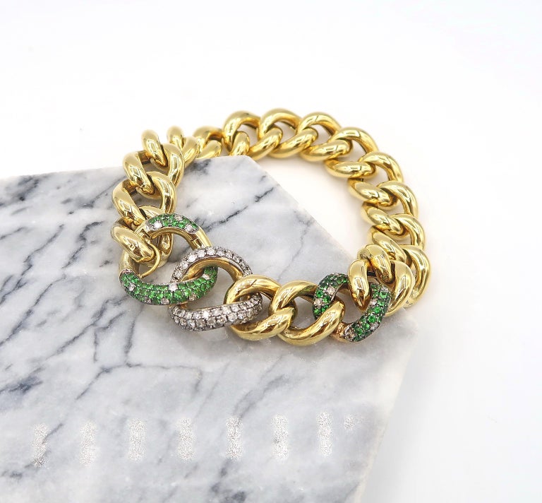 Boon Champagne Diamond and Tsavorite Pavé Gold Chain Link Bracelet For ...