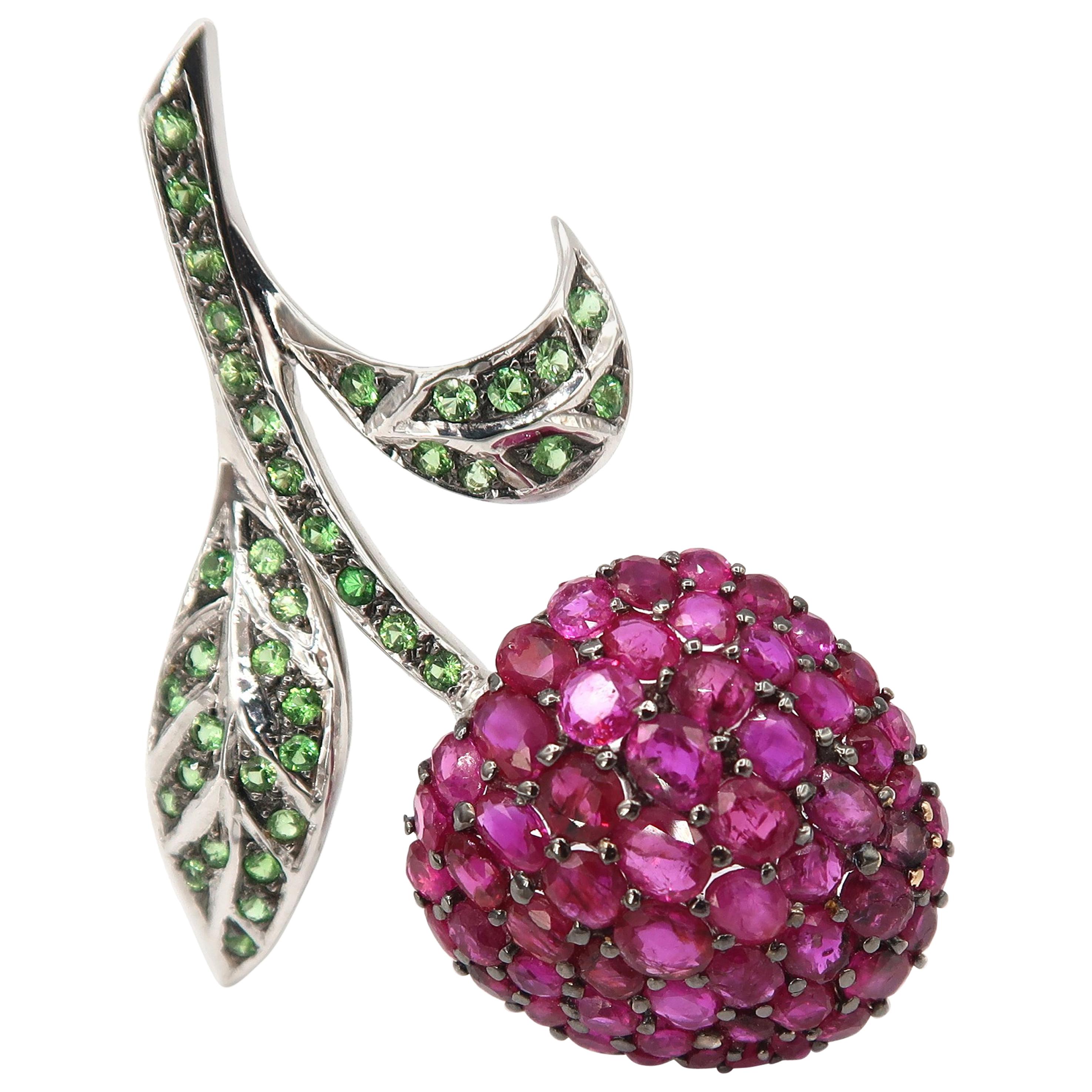 Boon Cherry Ruby Tsavorite White Gold Brooch For Sale at 1stDibs
