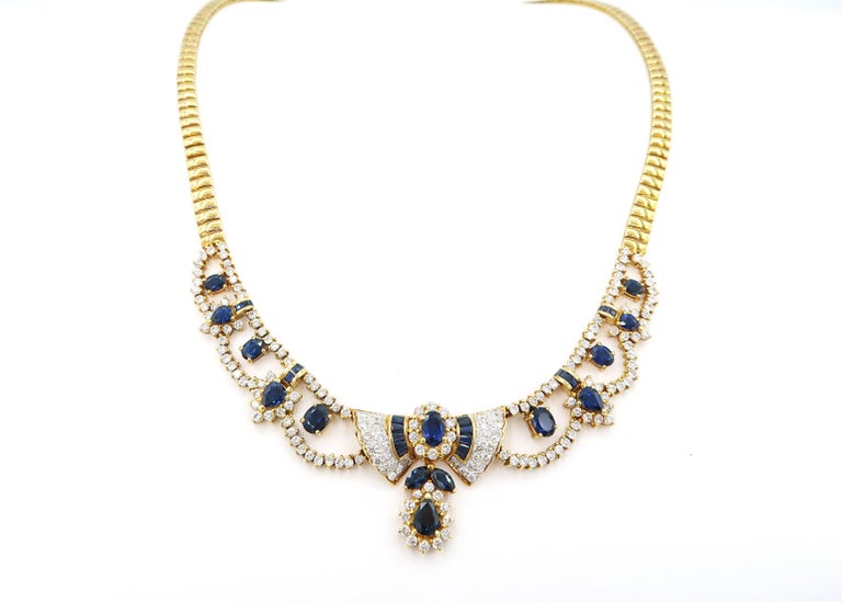 Boon Sapphire and Diamond Ribbon Detail Drop Scalloped 18 Karat Gold ...
