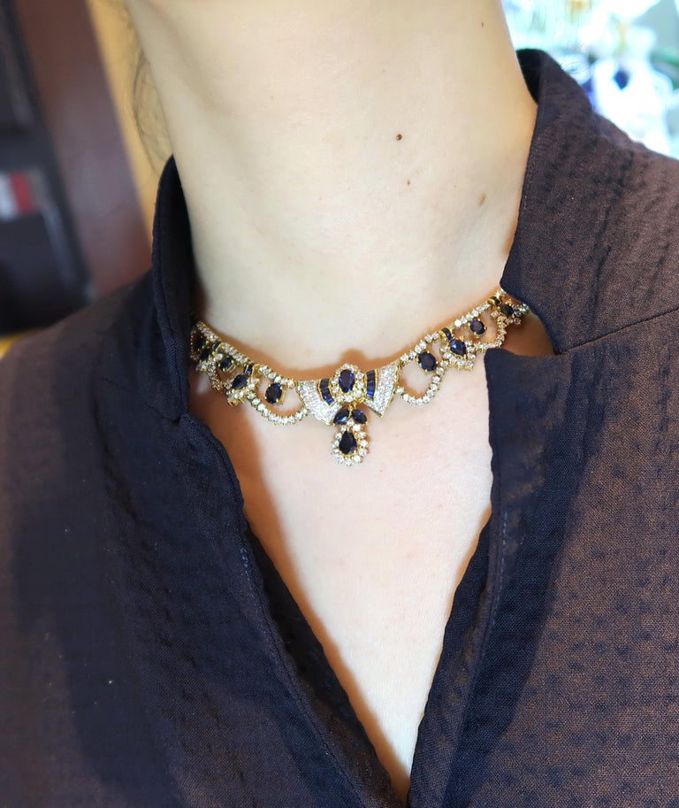 Boon Sapphire and Diamond Ribbon Detail Drop Scalloped 18 Karat Gold ...