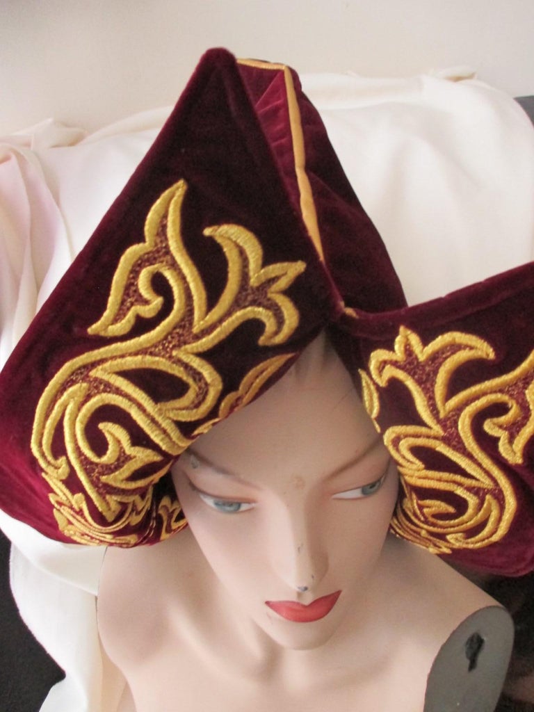 Bordeaux Red Velvet Gold Brocade Coat and Hat For Sale at 1stDibs