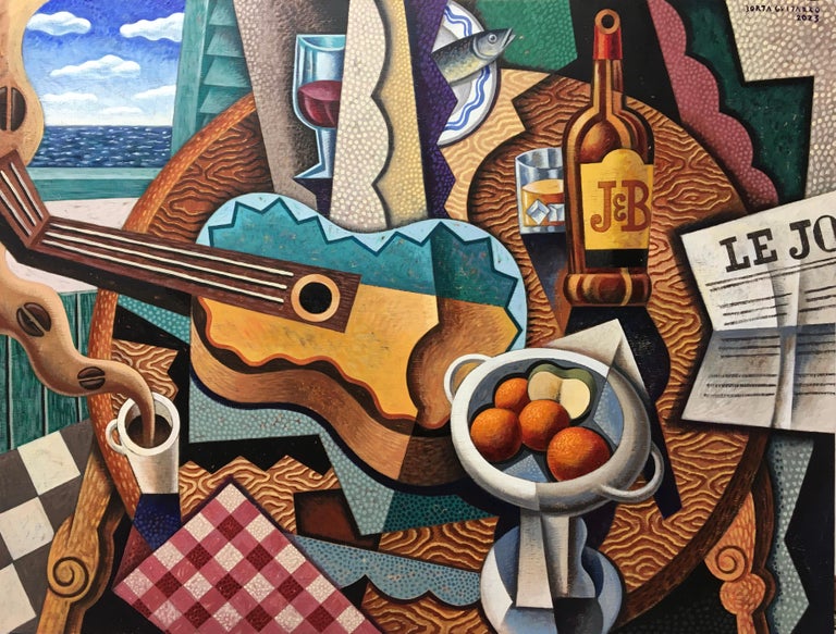 Borja Guijarro - Nature morte à la guitare - peinture surréaliste originale du cubisme - étude ...