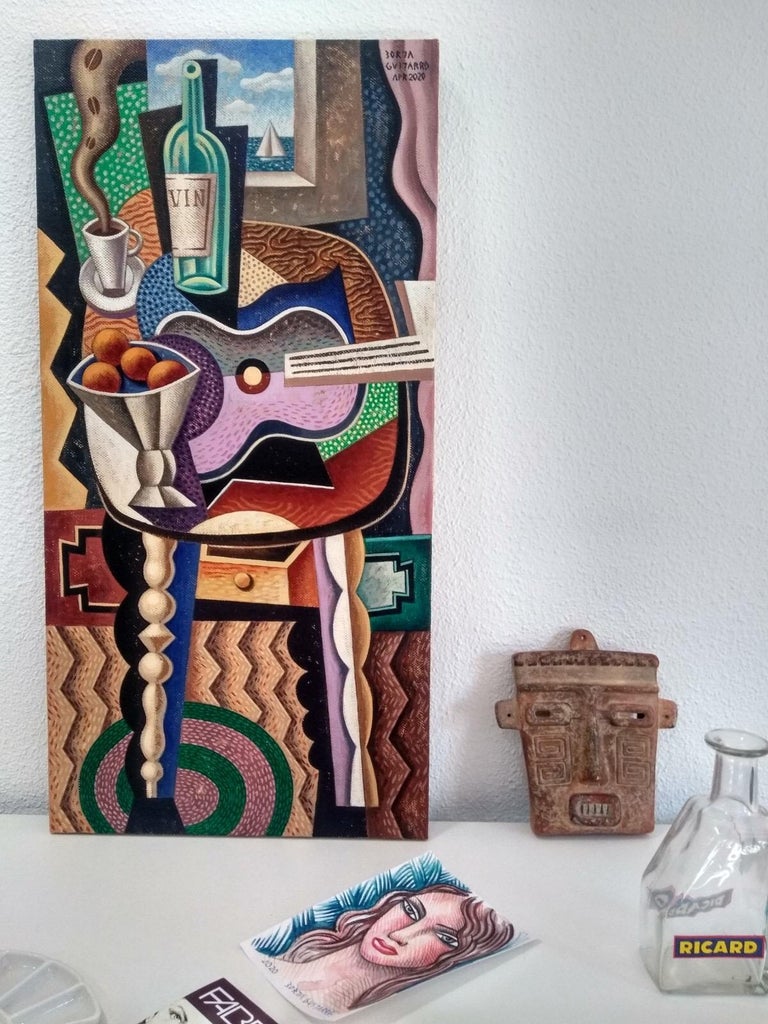 Borja Guijarro - Purple Guitar - original cubism mixed media artwork ...