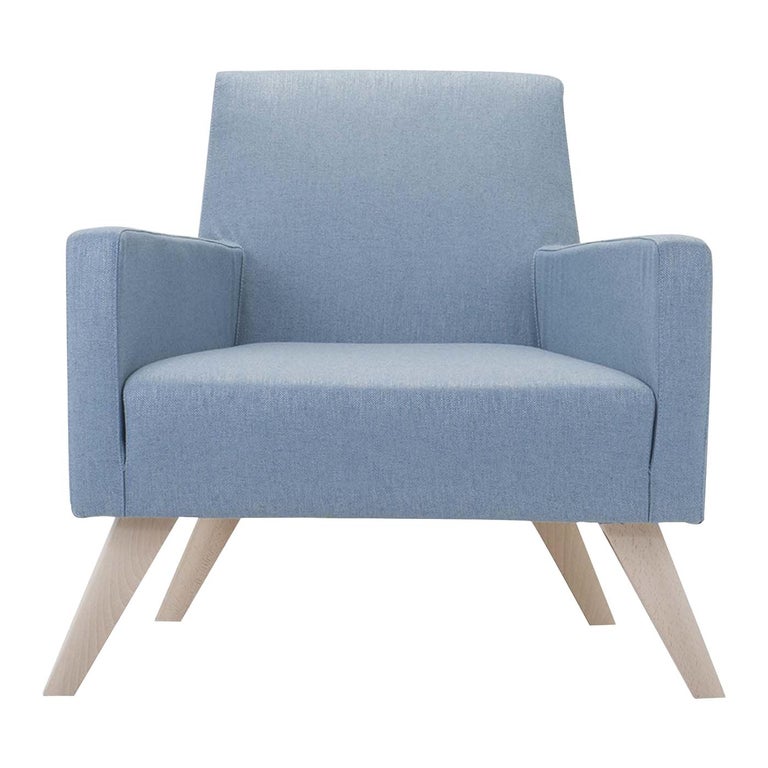 Boston Light Blue Armchair with Wooden Feet For Sale at 1stDibs