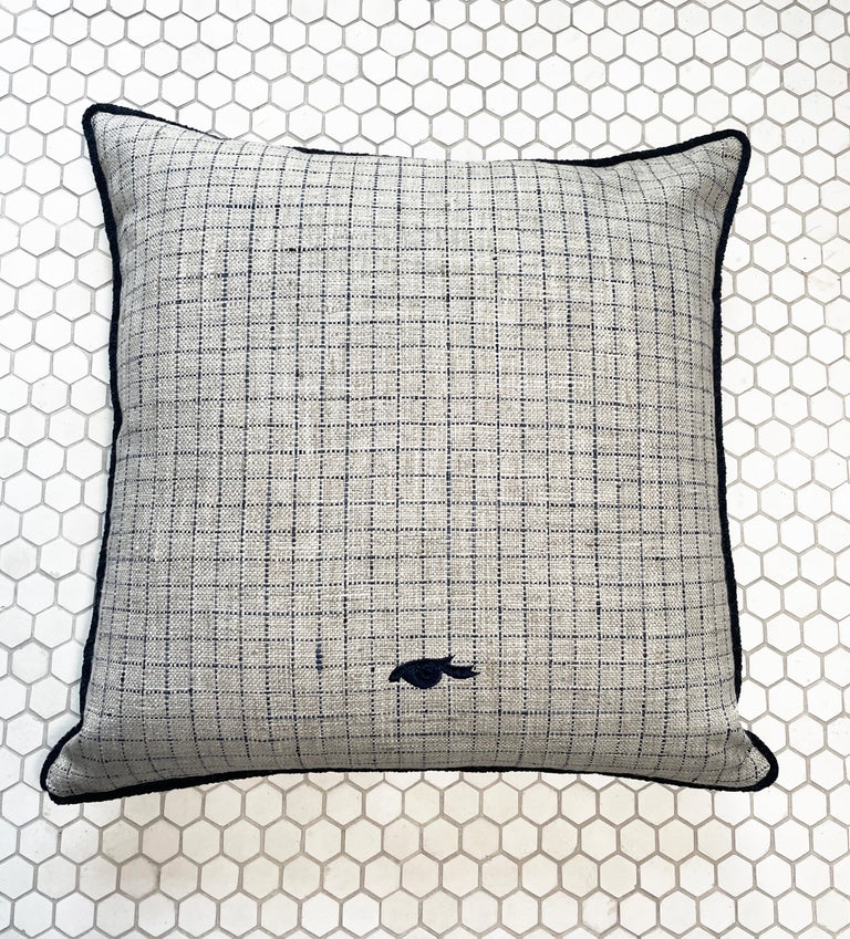 Botanical hand-embroidered navy velvet accent pillow with tonal piping ...