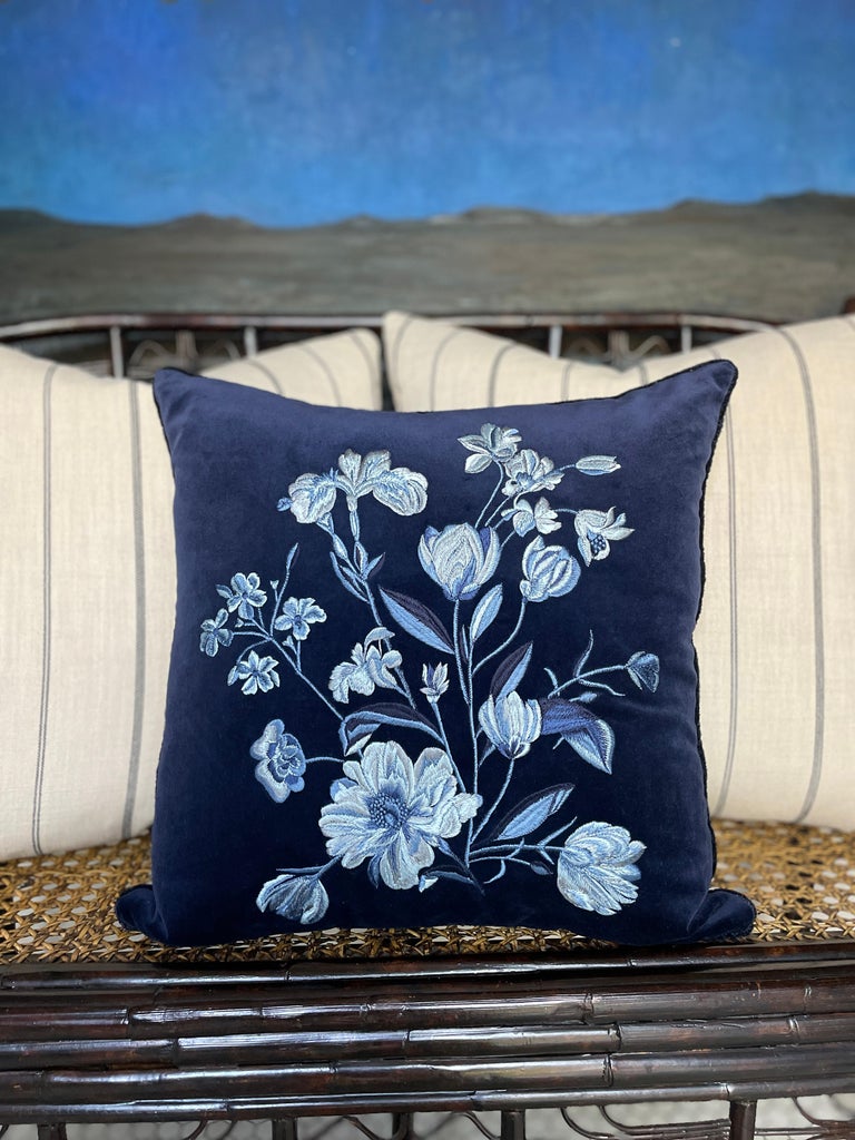 Botanical hand-embroidered navy velvet accent pillow with tonal piping ...