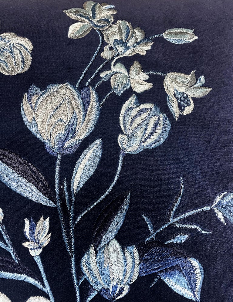 Botanical hand-embroidered navy velvet accent pillow with tonal piping ...