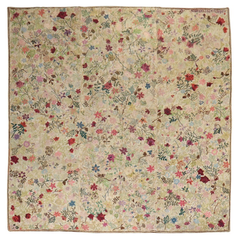 Botanical Square Size American Hooked Floral Rug For Sale at 1stDibs