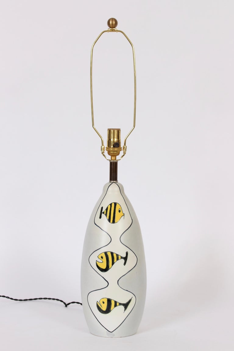 Bitossi Hand Painted Three Yellow Stripe Zebra Fish Glazed Pottery Lamp ...