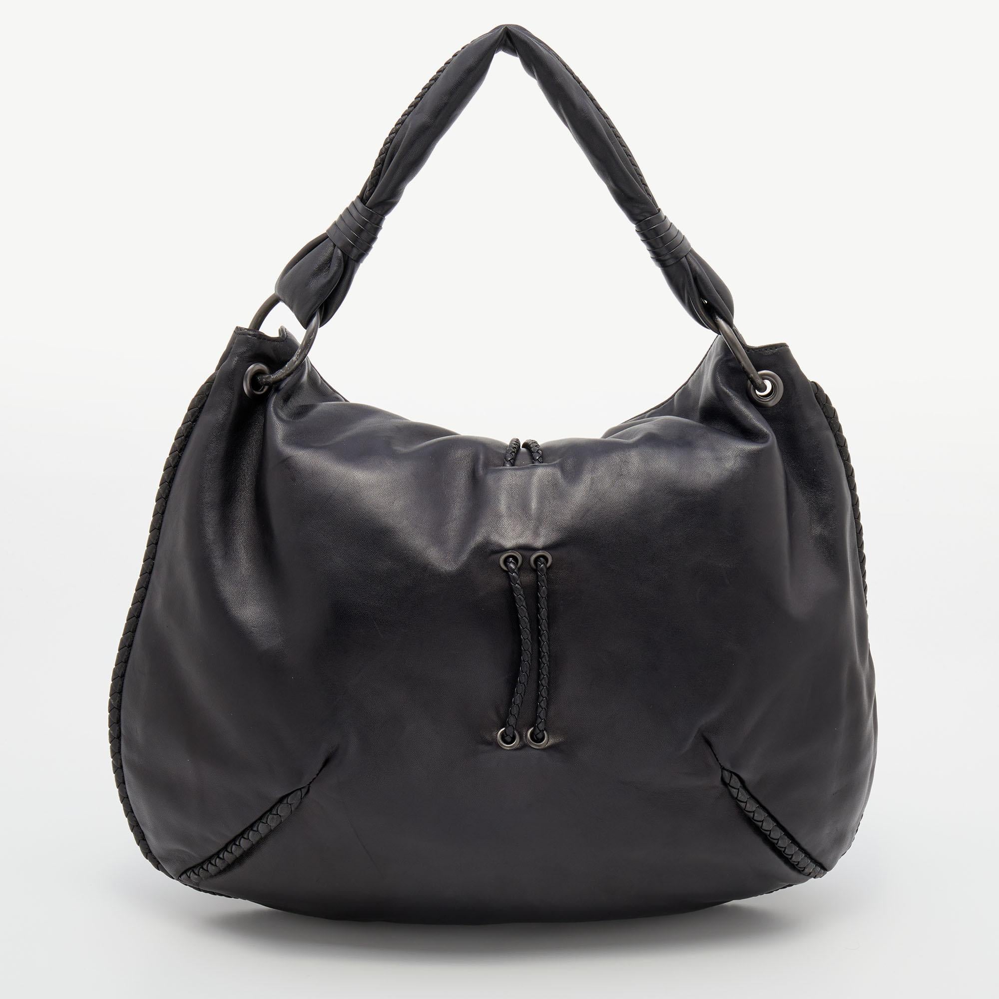 Bottega Veneta Black Leather Hook Clasp Hobo at 1stDibs