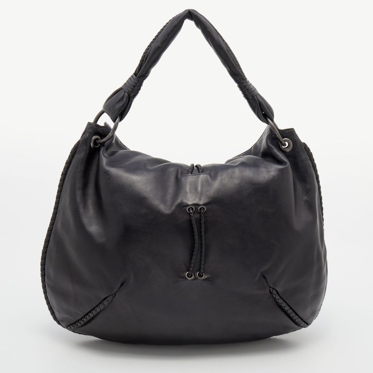 Bottega Veneta Black Leather Hook Clasp Hobo For Sale at 1stDibs