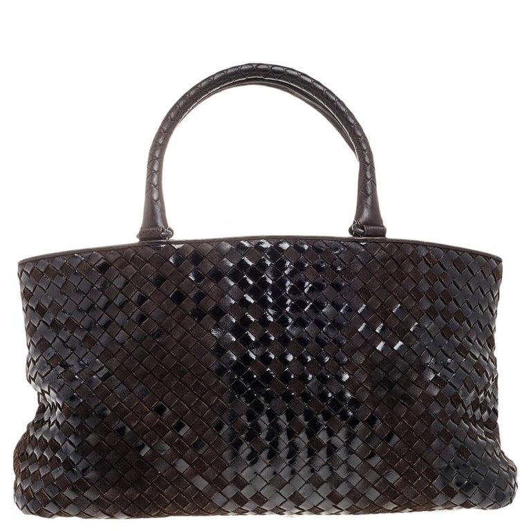 Bottega Veneta Dark Brown Intrecciato Suede And Patent Leather Tote For ...