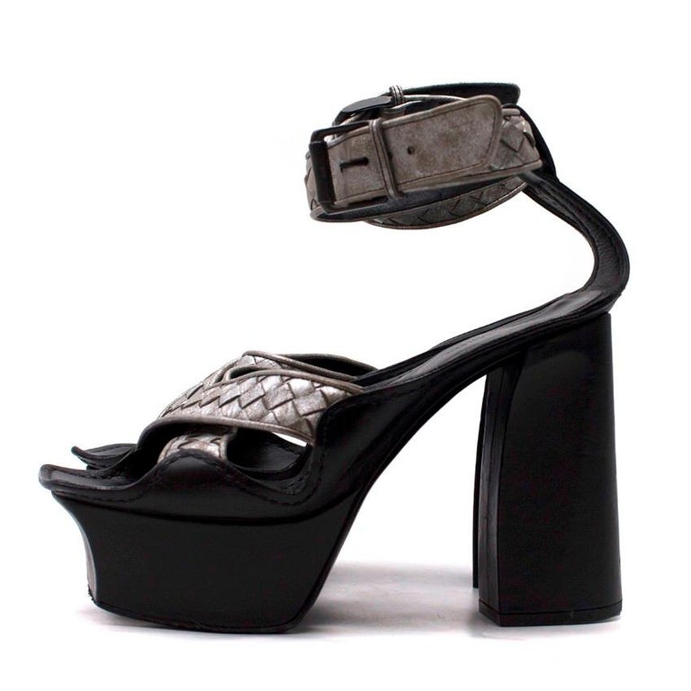 Bottega Veneta Distressed Metallic Woven Straps Block Platform Sandals ...