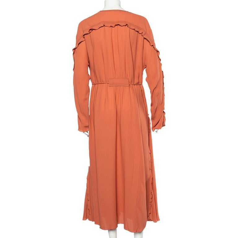 Bottega Veneta Dusky Orange Silk Georgette Belted Fluid Maxi Dress L ...