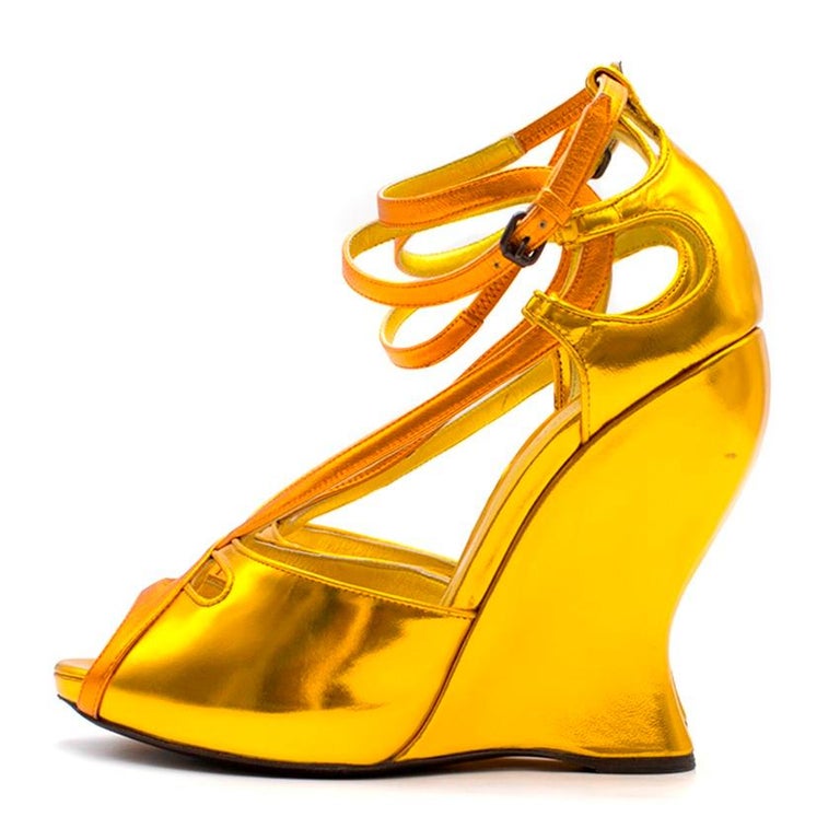 Bottega Veneta Gold Metallic Strappy Wedges US 9.5 For Sale at 1stDibs