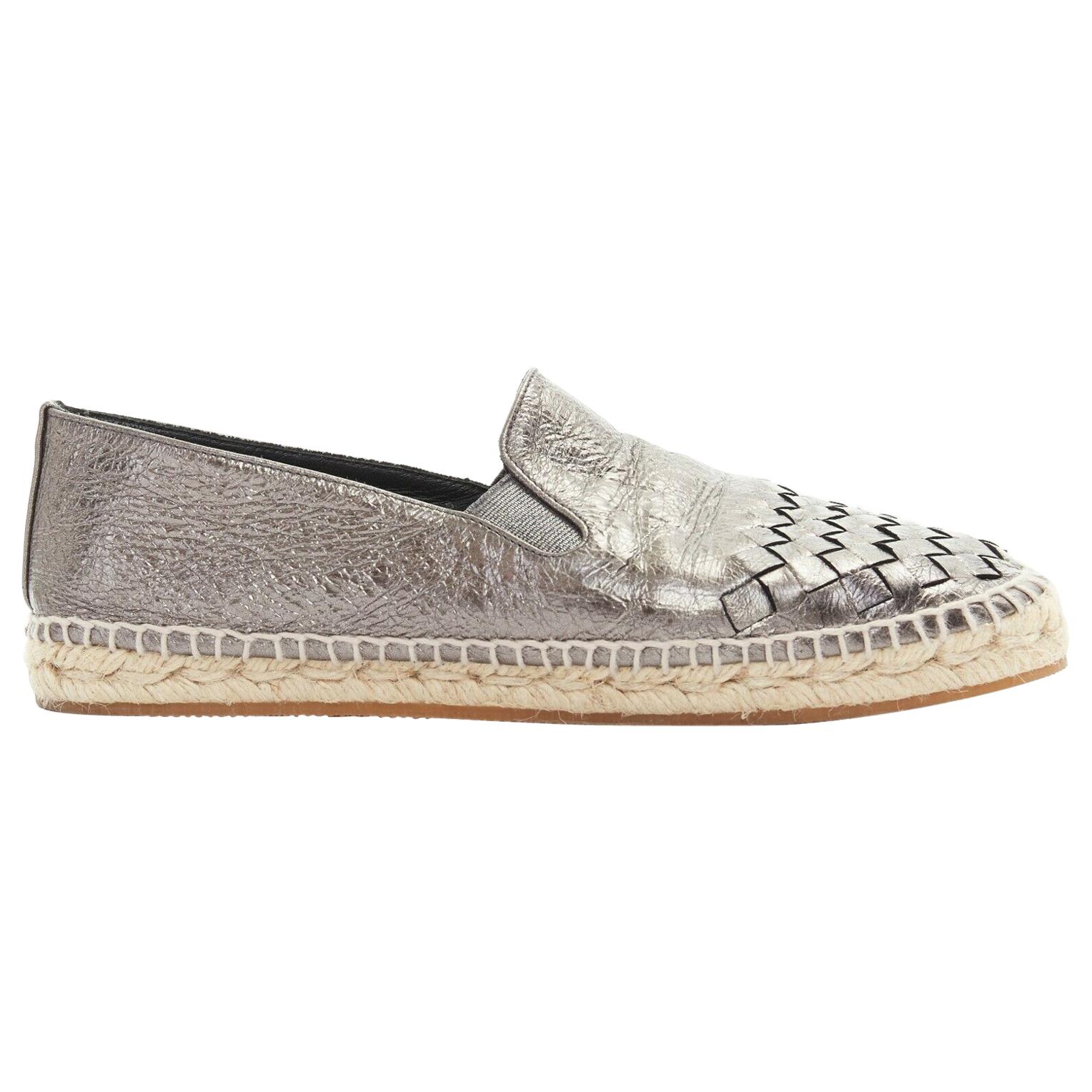 BOTTEGA VENETA gunmetal silver intrecciato woven leather espadrille ...