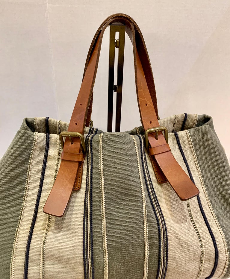 Bottega Veneta Italy Striped Canvas Purse with Distressed Saddle ...