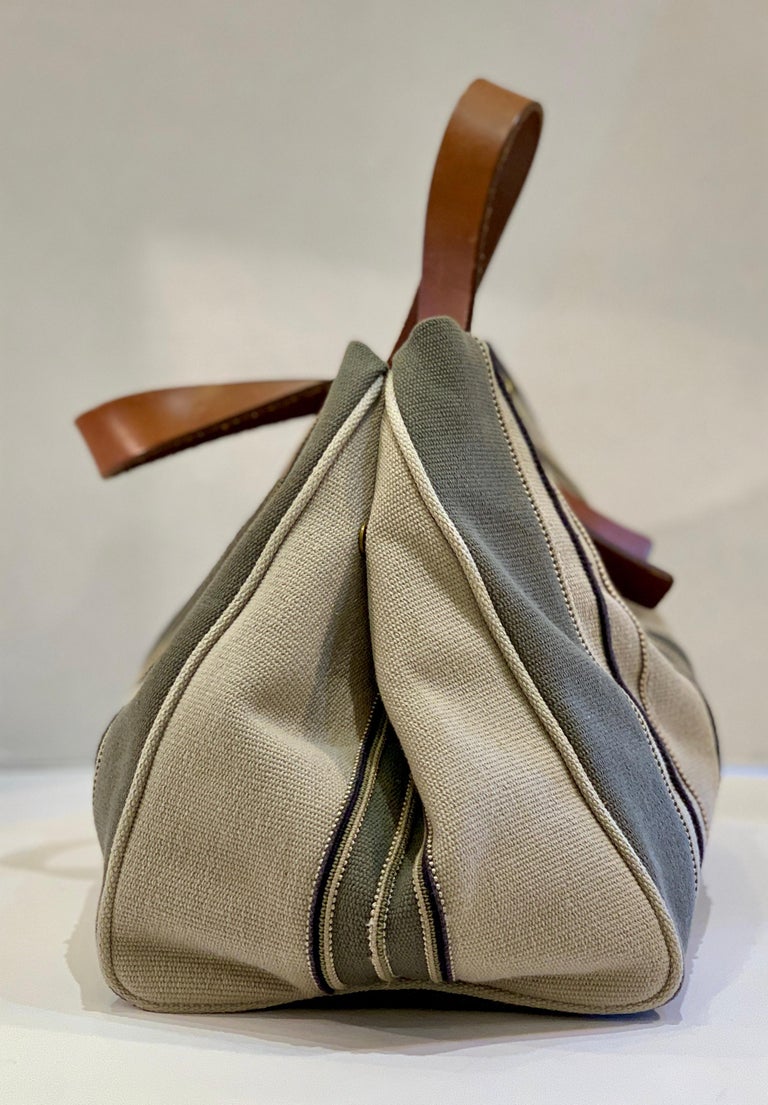 Bottega Veneta Italy Striped Canvas Purse with Distressed Saddle ...